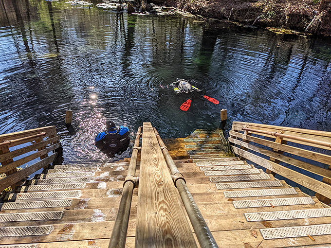 The descent begins where wooden steps meet crystal waters, inviting brave souls to leave the familiar world behind.