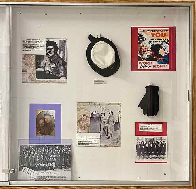 Military uniforms and memorabilia honor the women who served, reminding us that heroism doesn't have a gender requirement or size limit.