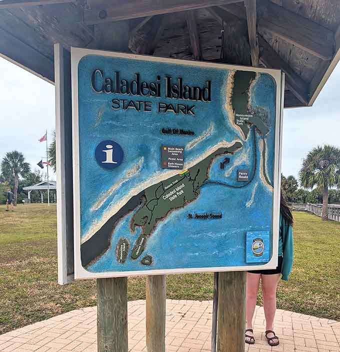 Island orientation: The park map reveals Caladesi's secrets, from hidden kayak trails to prime shell-hunting beaches waiting to be explored.