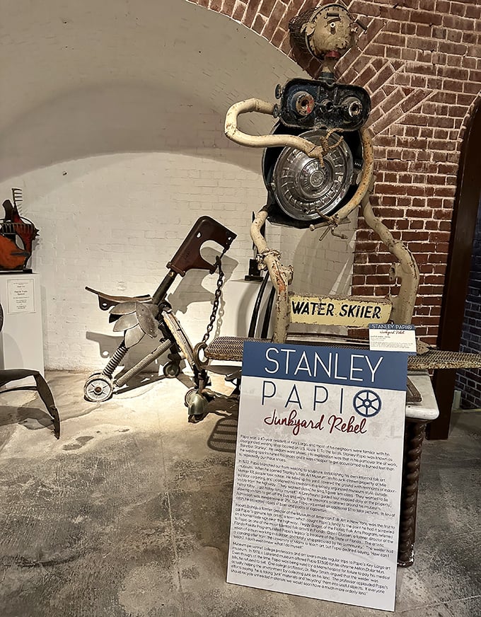 This whimsical "Water Skier" sculpture proves that Stanley Papio could find personality and movement in even the most discarded objects.