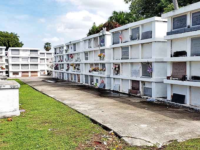 Modern above-ground crypts resemble miniature apartment buildings, a practical solution to the island's high water table and limited space.