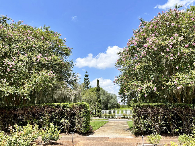 A garden pathway that promises adventure – where else can you stroll beneath century-old trees while hunting for prehistoric creatures?