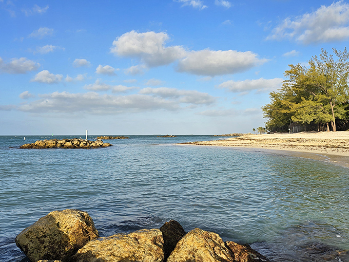 The gentle curve of shoreline meets crystal waters in a display that somehow manages to outshine even professional beach photographers' portfolios.
