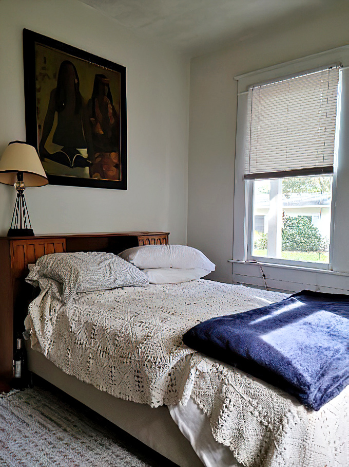 The bedroom where Kerouac rested between writing sessions remains simple and uncluttered, much like his direct, honest prose style.