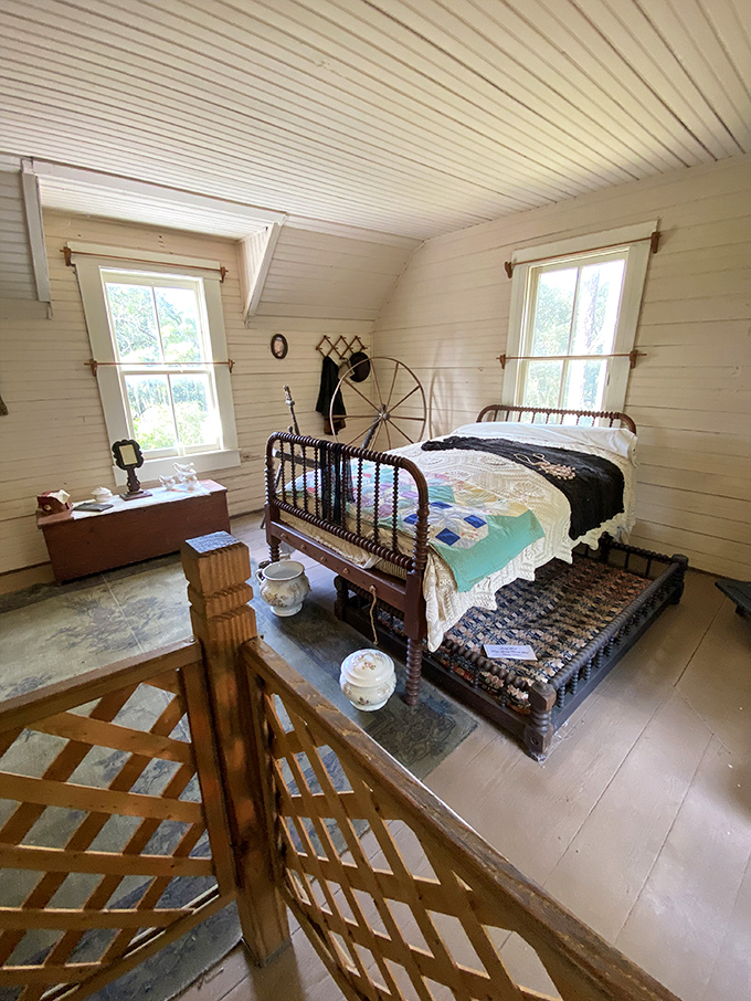 The bedroom's simple elegance reminds us that people once slept soundly without memory foam or sleep-tracking apps.