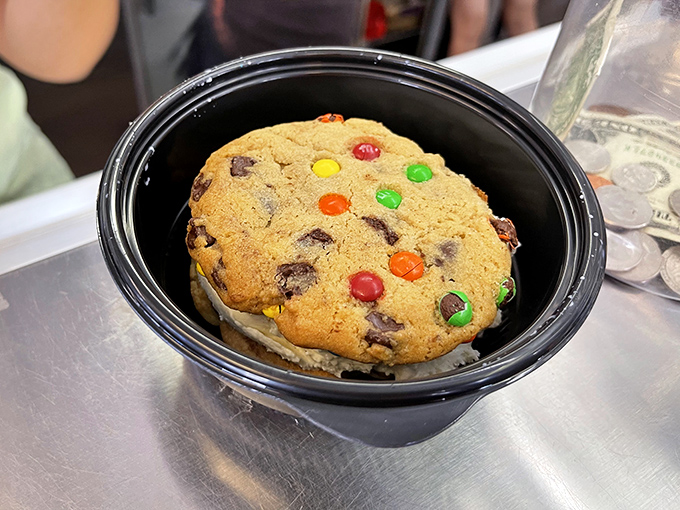 Cookie perfection isn't complicated: crisp edges, chewy center, chocolate chunks, and those M&Ms adding pops of color and nostalgia.