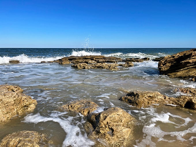 These ancient shellacked platforms create nature's infinity pools, where the Atlantic playfully fills and empties countless miniature basins with each rolling wave.