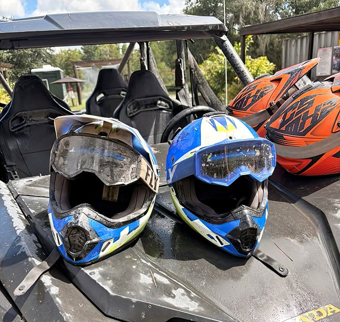 Battle-worn helmets tell silent stories of adventures past &ndash; each smudge and scratch a chapter in someone's off-road tale.