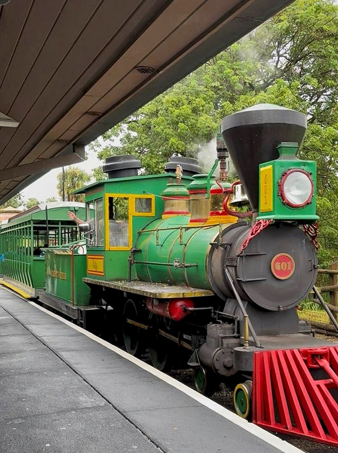The green steam locomotive waits at the station, its polished brass and vintage design promising a journey through both space and time.