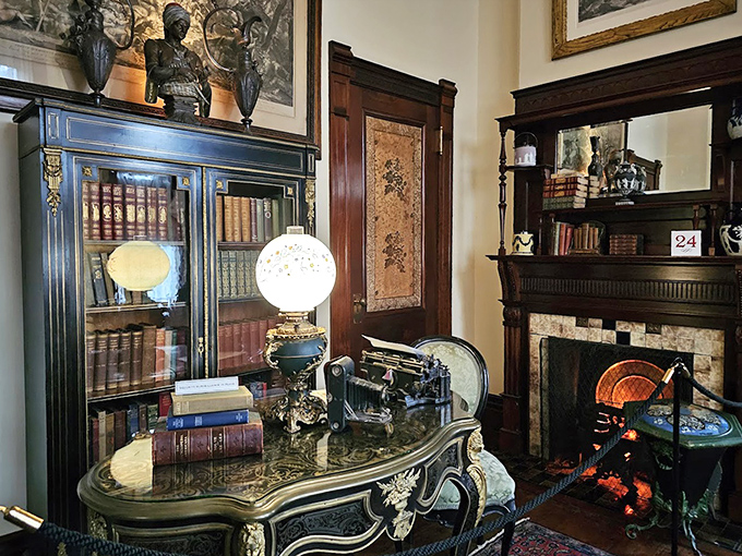 The library's elegant desk, globe, and period-appropriate writing implements make you wonder why we ever abandoned the art of letter writing.