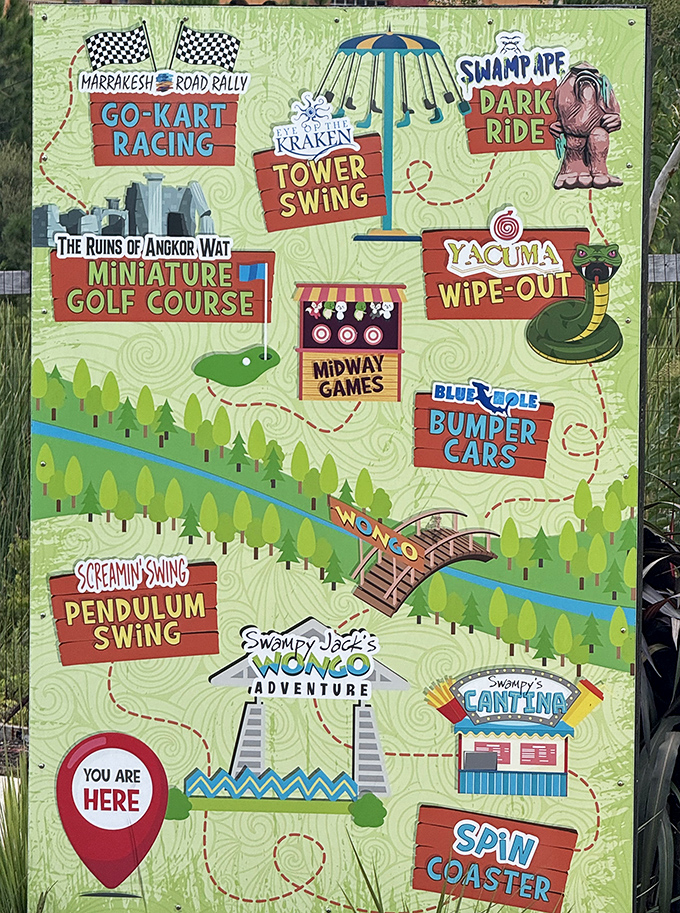 The park map reveals a treasure trove of quirky attractions, from Yacuma Wipe-Out to Swampy's Cantina, each promising its own brand of family fun.