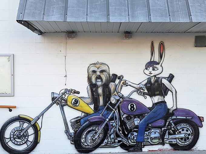 Who knew cartoon characters could rock leather? This whimsical motorcycle mural adds unexpected humor to Lake Placid's collection.
