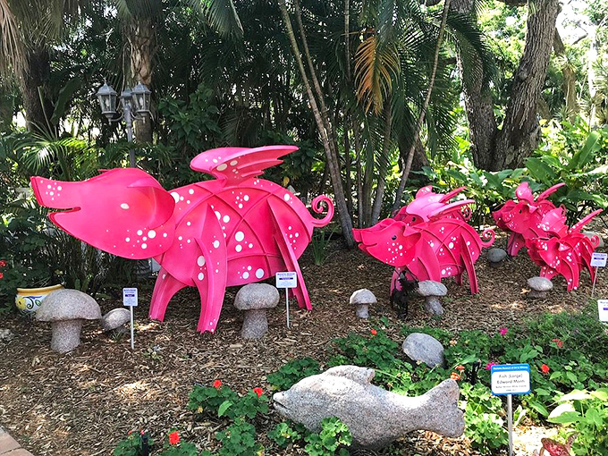 Pink flying pigs soar among mushroom sculptures, proving that in this magical garden, the impossible doesn't just happen &ndash; it's celebrated with gusto.
