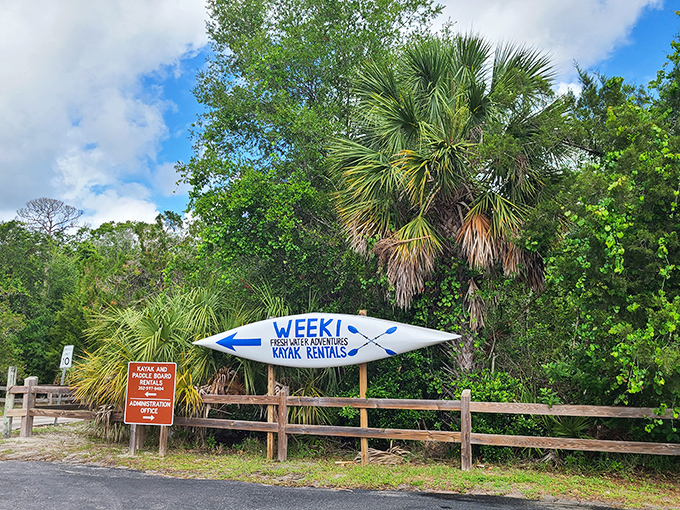Adventure signposted and ready for launch &ndash; kayak rentals await those brave enough to paddle their own journey through Florida's liquid magic.