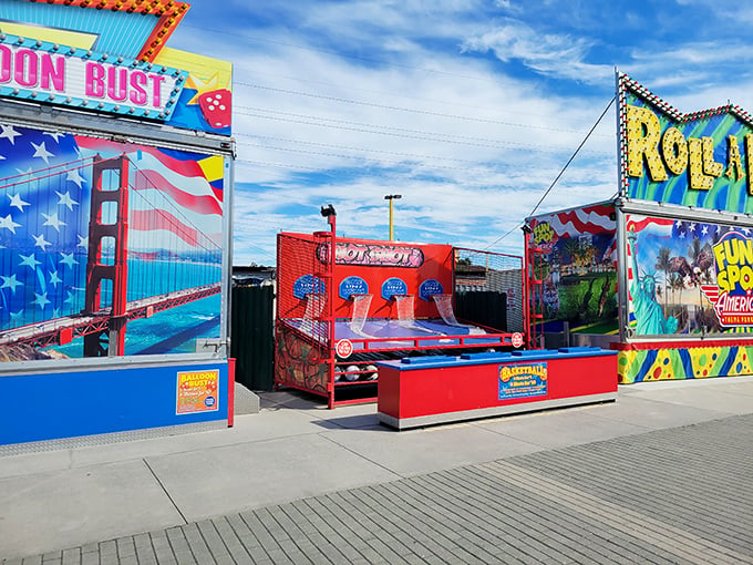 Classic carnival games with a patriotic twist. That suspiciously tight basketball rim has humbled former high school athletes since time immemorial.