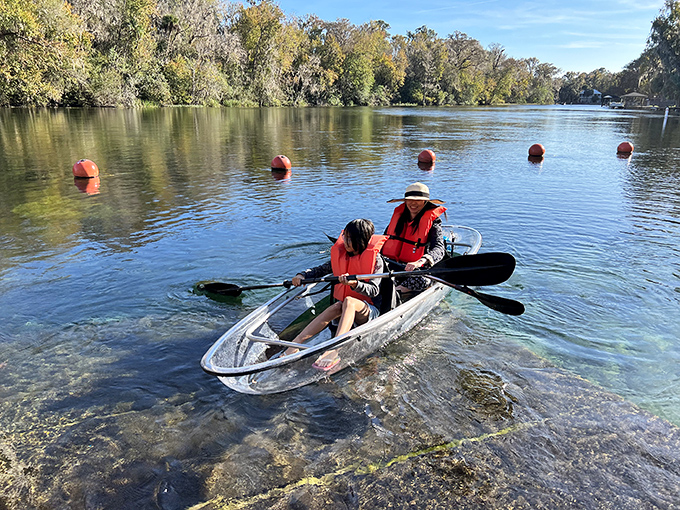 "Look Ma, no bottom!" Transparent kayaks create the illusion of floating on air above an underwater paradise.