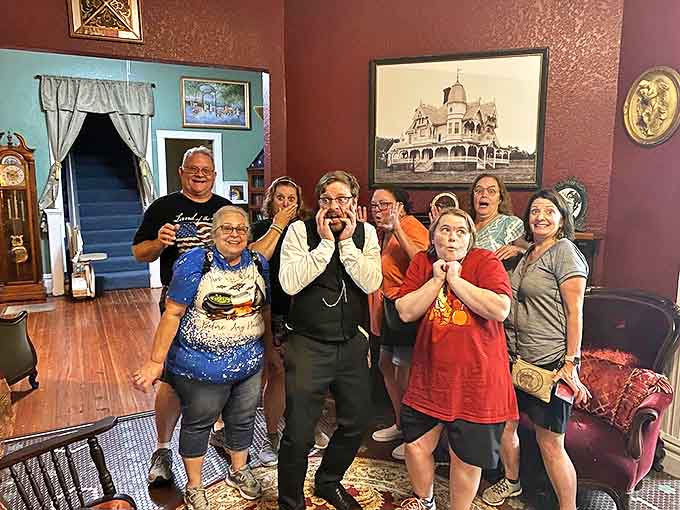 Theatrical reactions: Tour participants channel their inner scream queens and kings, perfectly capturing the delightful terror of ghost hunting.