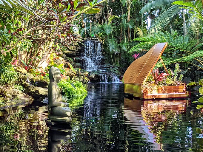 Marie Selby's waterfall creates a tropical paradise in downtown Sarasota. The children's rainforest garden comes alive with the sound of falling water.