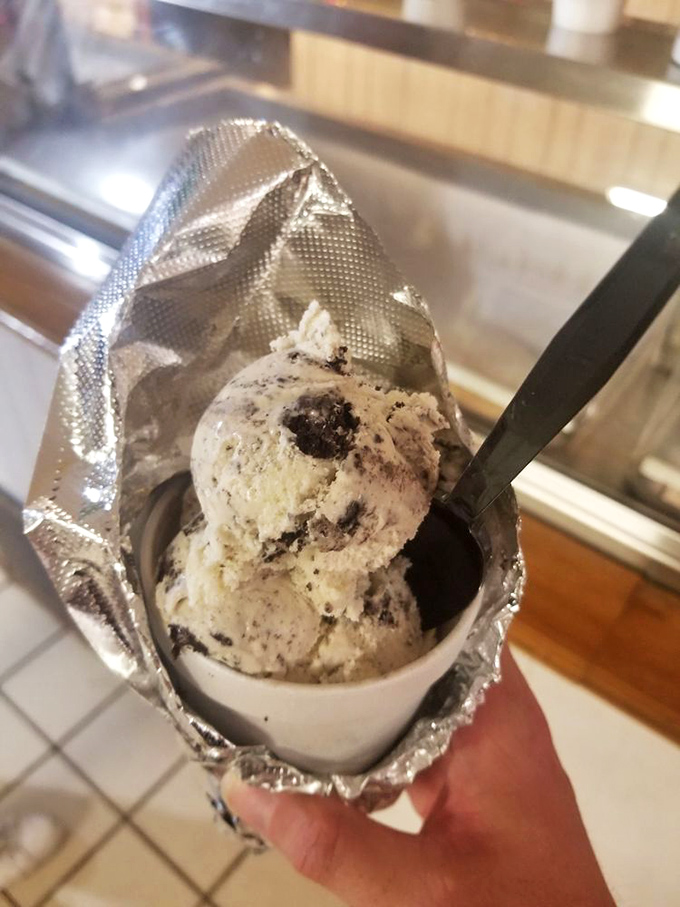 Ice cream served in space-age foil &ndash; because in Florida, even dessert deserves protection from the elements and a touch of retro flair.