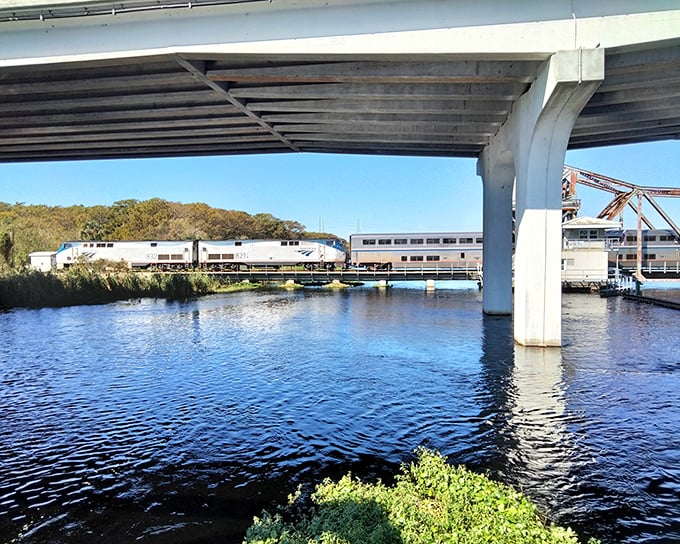 An Amtrak train glides beneath the highway bridge, two transportation eras intersecting at this historically charged location.