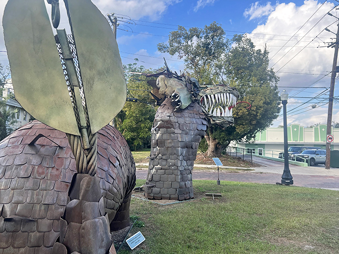 Another angle reveals how perfectly the dragon fits into its surroundings, as if Lake Helen had always been missing a mythical guardian until this one arrived.