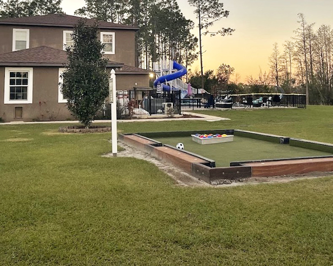 As twilight settles over the property, the backyard transforms into a peaceful retreat&mdash;until someone yells "Marco Polo" and chaos resumes.
