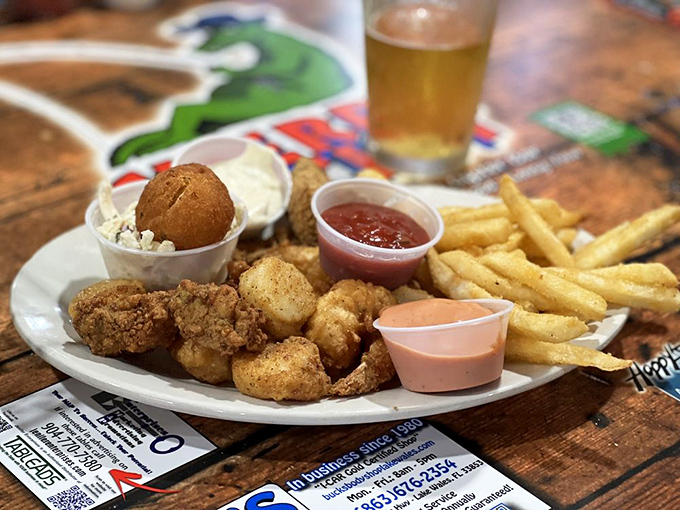 A crispy carnival of seafood treasures with dipping sauces galore &ndash; the kind of platter that makes decision-making obsolete.