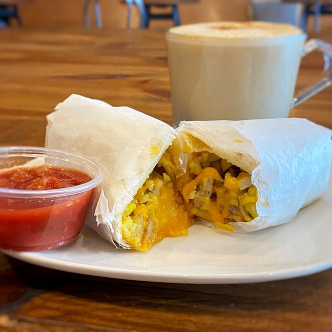 The breakfast burrito wraps morning essentials in a locally-made tortilla, fueling productive days one satisfying bite at a time.