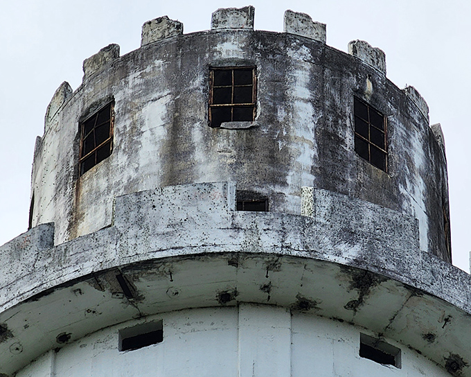 Close-up of the crown: The tower's crenellated top looks ready to host knights and princesses, a whimsical architectural flourish that transforms infrastructure into imagination.