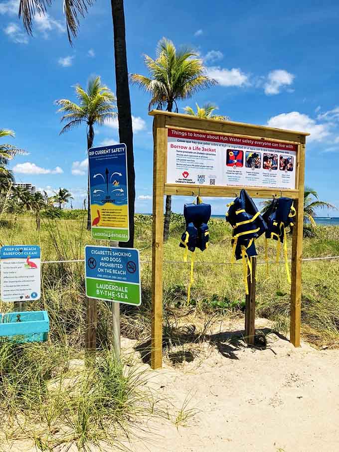 Free life jackets hanging ready for anyone who needs them, because even paradise believes in safety first and spontaneous ocean adventures second.