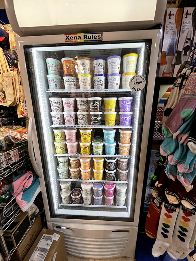 The "Xena Rules!" freezer doesn't just store Jeni's ice cream – it makes a statement about the delightfully offbeat personality of this establishment.