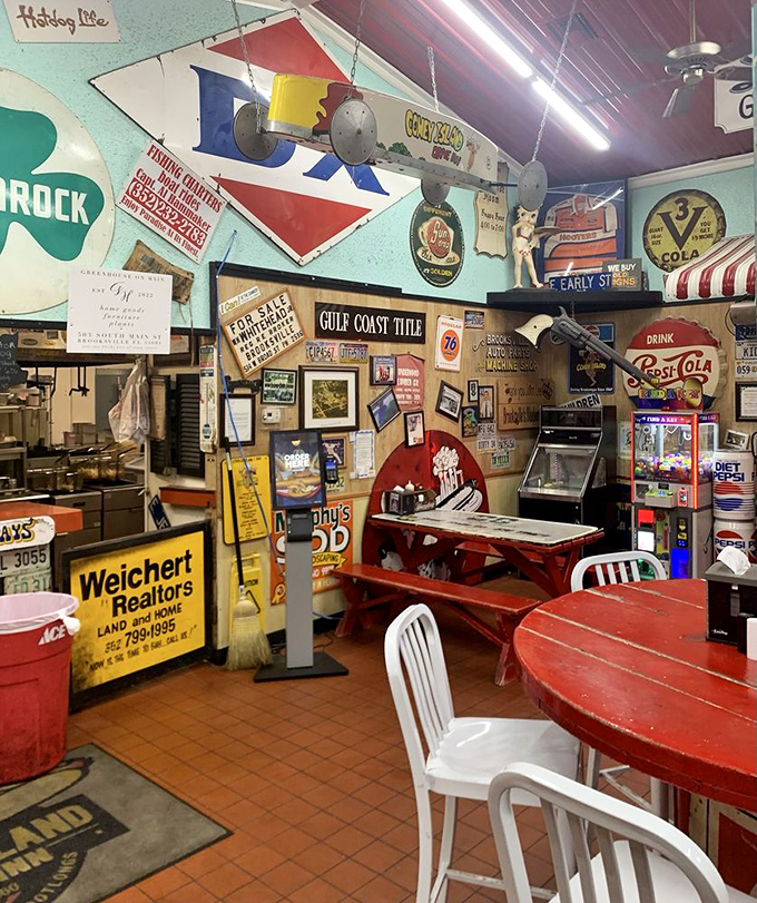 Every inch of wall space tells a story &ndash; vintage advertisements, local memorabilia, and decades of collected Americana create the ultimate dining backdrop.