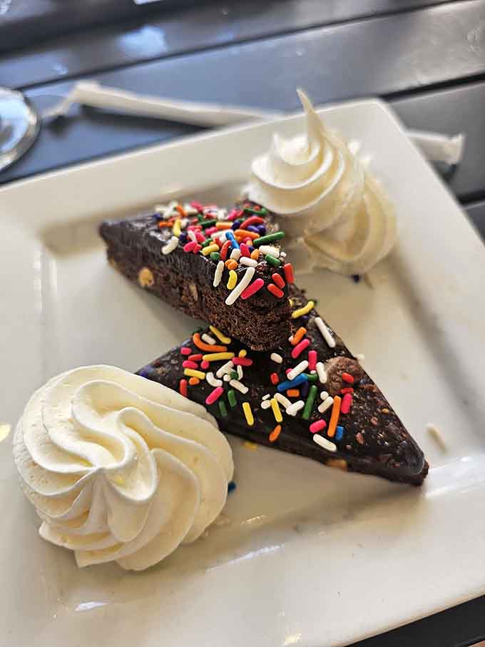 Brownies with sprinkles because sometimes you need chocolate that doesn't take itself too seriously, paired with whipped cream for maximum happiness.