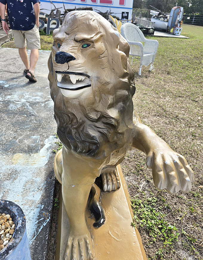 This garden lion with unnervingly human-like eyes follows you around the property, judging your souvenir selections with regal disdain.