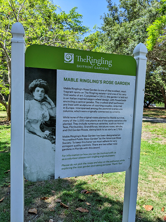 Mable Ringling's photo on this sign shows she had excellent taste in both gardens and hairstyles, setting standards we're still chasing.