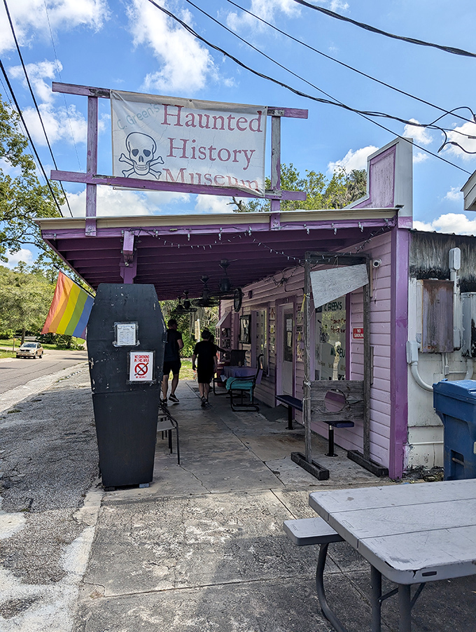 The Haunted History Museum adds a touch of the macabre with its purple facade and coffin-shaped sign, catering to those whose interest leans more spooky than spiritual.