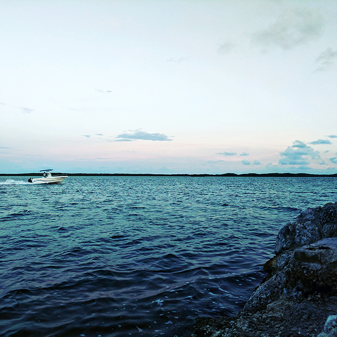 Tranquil waters of Key Largo at sunset create a peaceful backdrop for the underwater adventure that awaits beneath the surface.