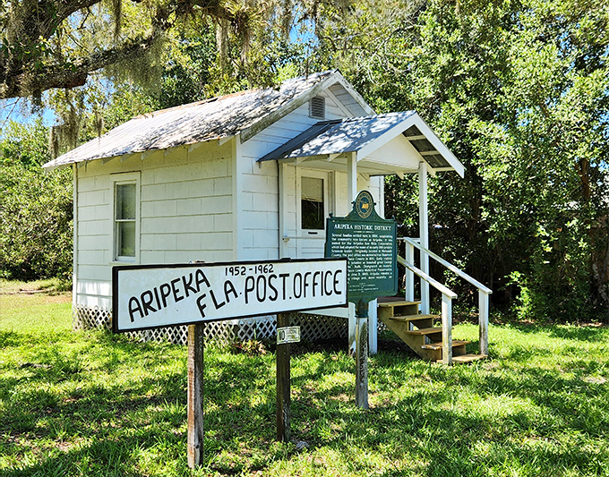 The historic Aripeka Post Office stands as a humble time capsule, delivering nostalgia instead of mail since 1962.