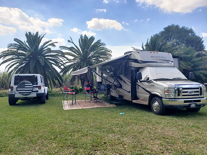 Home away from home at the resort's RV sites, where fishing enthusiasts create a community of like-minded adventurers under Florida's swaying palms.