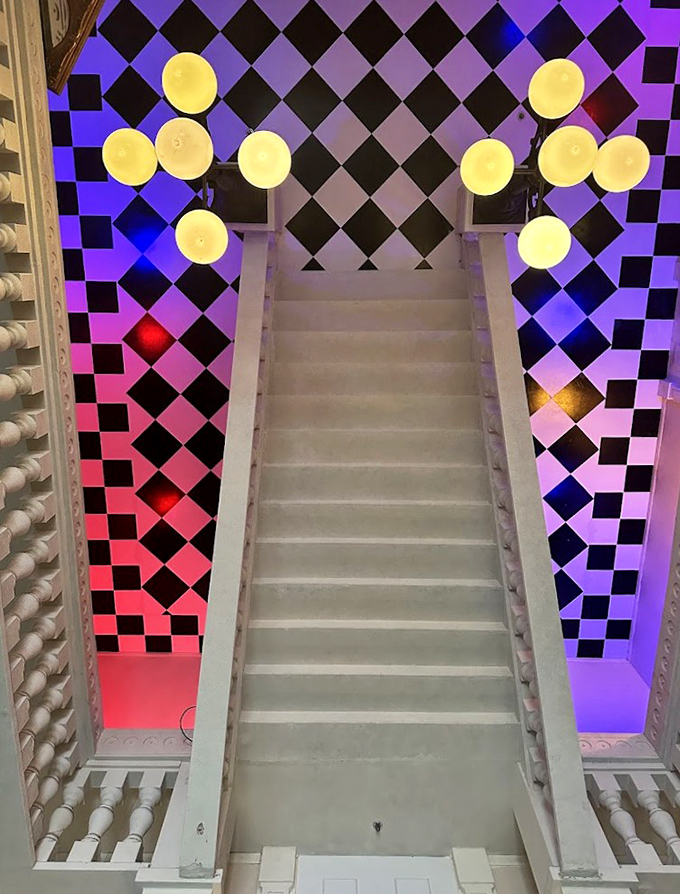 These stairs play mind games with visitors, creating a disorienting checkerboard path that seems to bend reality itself.