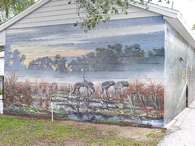 Sandhill Cranes - Dawn Patrol Mural Morning mist rises from painted marshlands as elegant birds wade through history and conservation awareness.