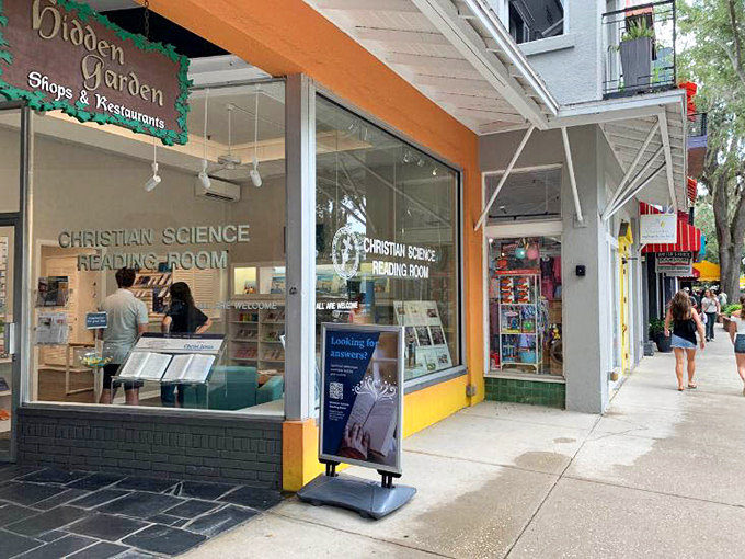 The Christian Science Reading Room represents the quieter side of Winter Park, where contemplative spaces balance the bustling shopping district.