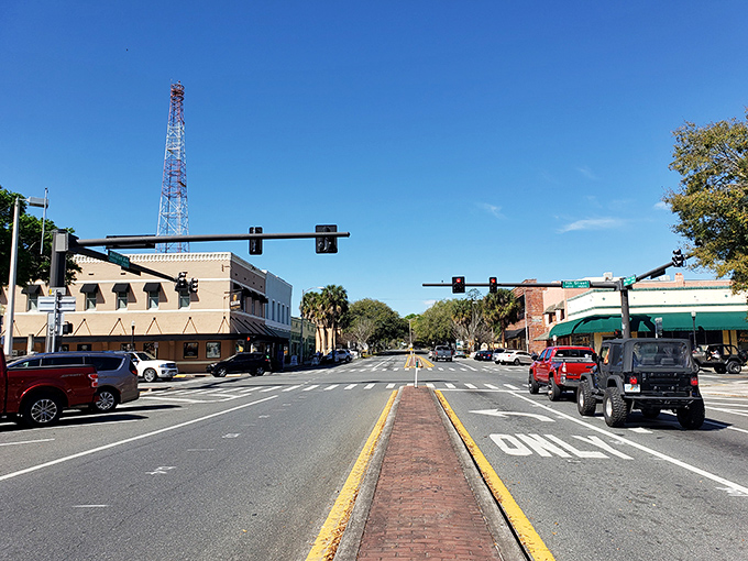 Brick-paved medians and traffic lights frame Dade City's main thoroughfare, where small-town pace meets modern convenience.