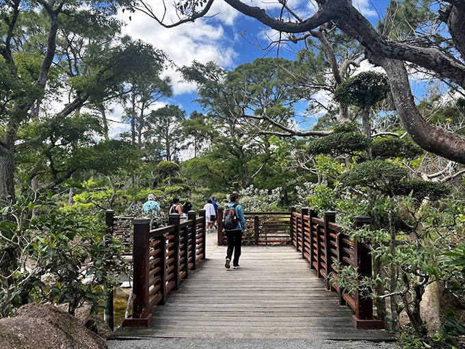 Crossing this bridge feels like walking between worlds &ndash; from "regular Tuesday" to "moment of perfect tranquility."