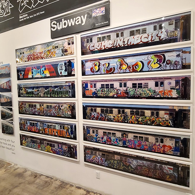 Subway Graffiti Photo Wall: New York's painted subway cars &ndash; rolling galleries that once carried art to every borough &ndash; preserved here like prehistoric cave paintings of urban civilization.
