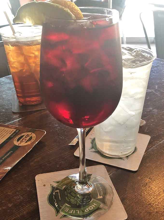 Fresh sangria in a wine glass big enough to make you forget you're technically still in a taco joint, not a fancy wine bar.