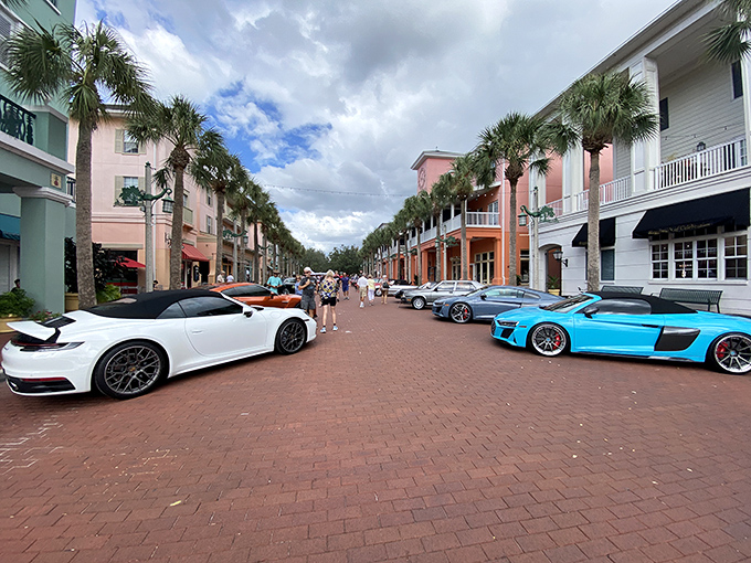 Luxury cars line the town center during weekend gatherings&mdash;because nothing says "quaint small town" quite like a row of Ferraris.