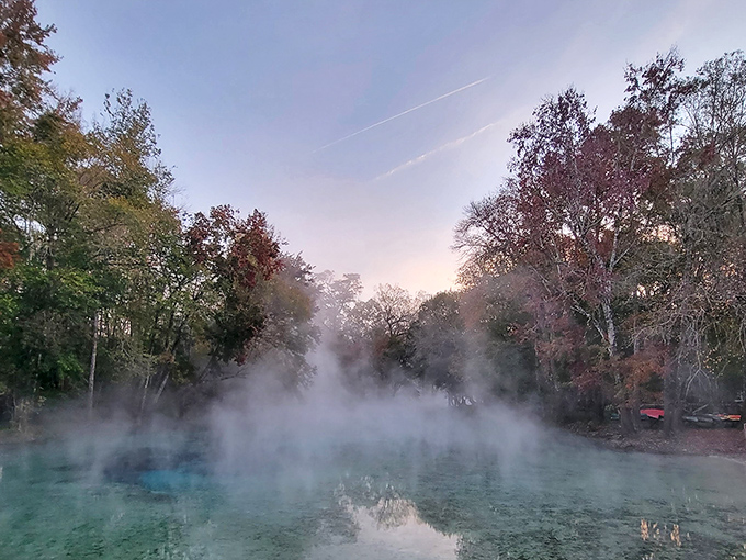 Dawn mist hovers over the springs, creating an ethereal scene straight from a fantasy novel's cover art.