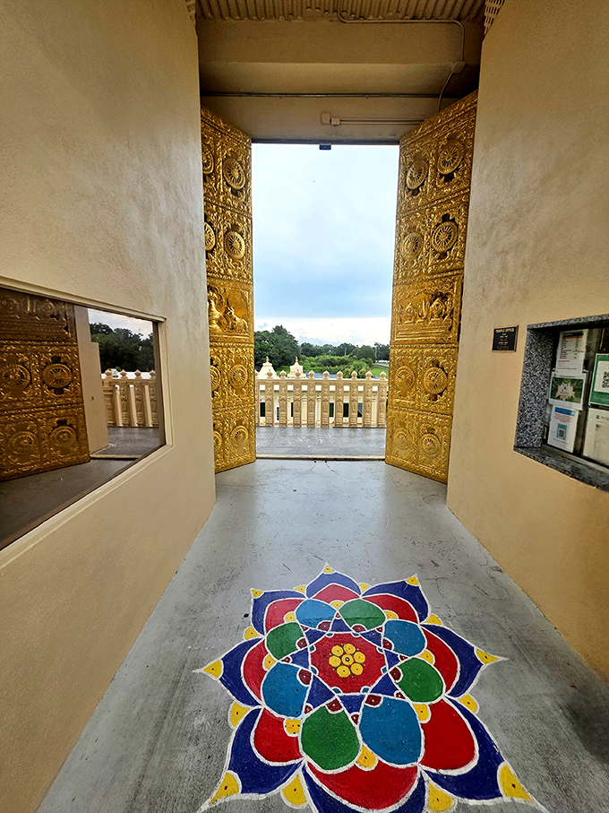 Golden doors open to reveal a sanctuary where time seems suspended, the outside world momentarily forgotten in this pocket of tranquility and devotion.