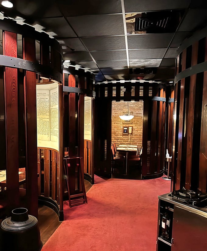 The circular dessert booths create private sugar sanctuaries, where conversations flow as freely as the coffee and calories don't dare count.